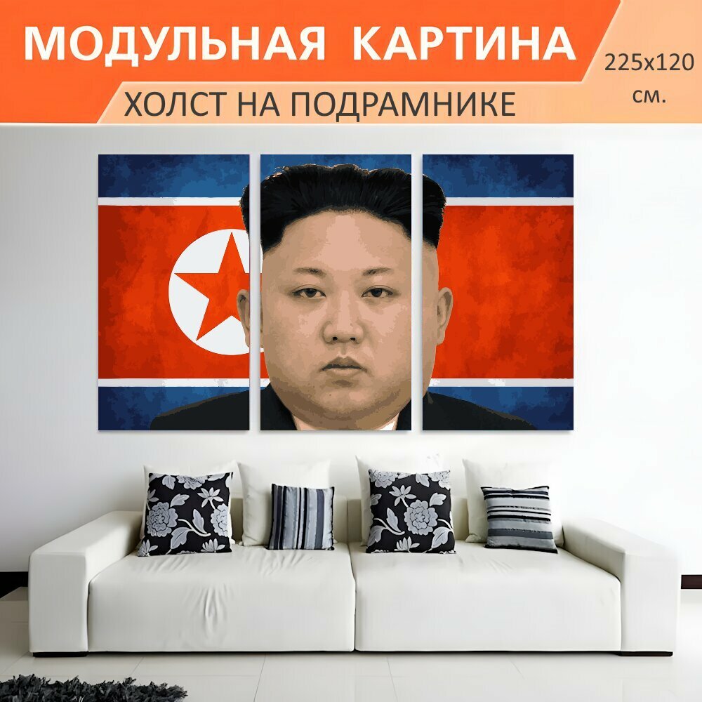 Модульная картина на холсте "Северная корея, ким чен ын, высший руководитель" триптих на подрамнике 225х120 см. для интерьера
