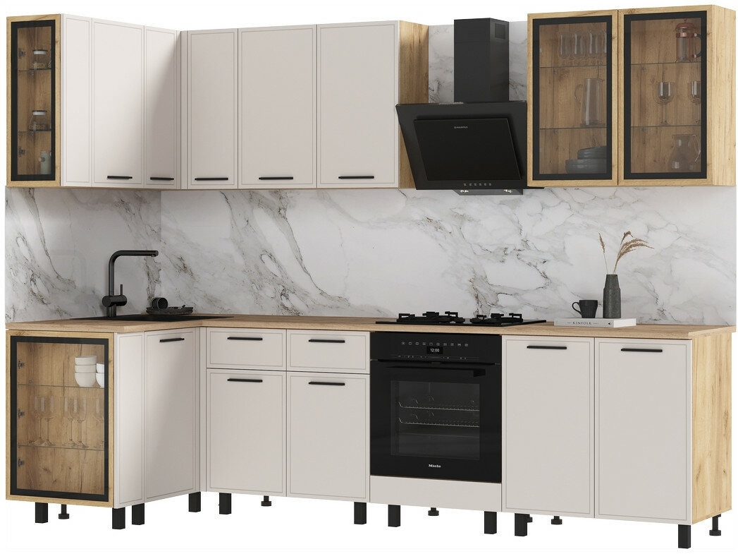 Кухонный гарнитур 1,2х2,8м, угловой, Крафт золотой/Кашемир МДФ