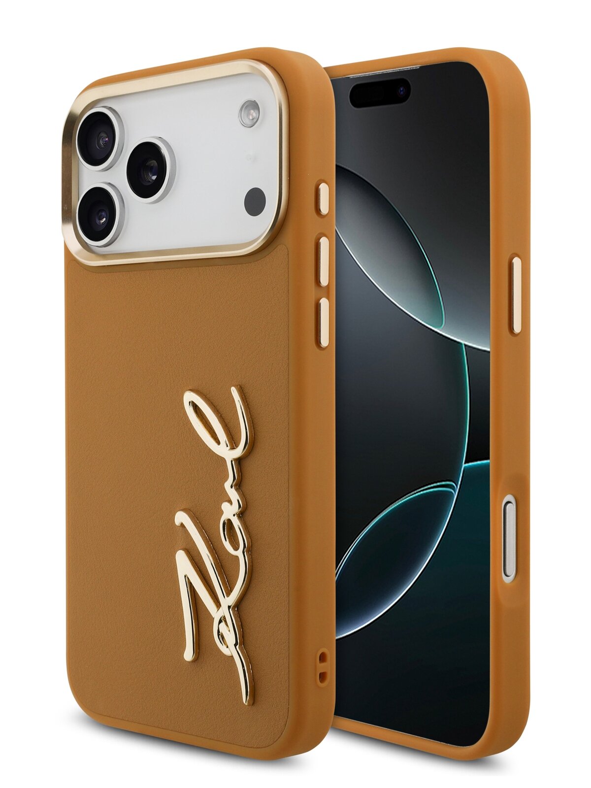 Karl Lagerfeld чехол для iPhone 17 Pro Max, PU кожа Autograph Metal logo & Gold camera, коричневый
