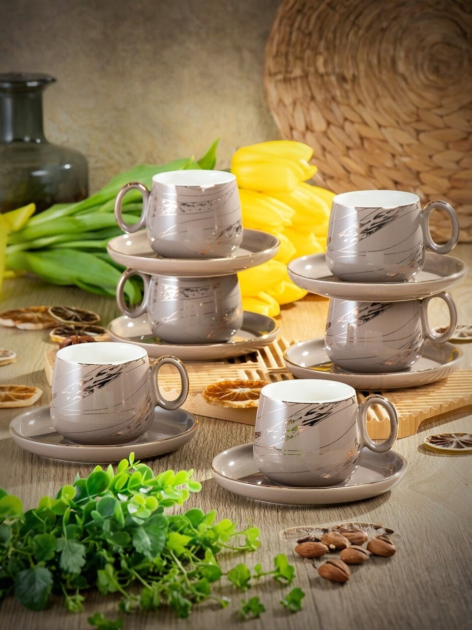 Чайный сервиз на 6 персон 12 предметов набор керамических кружек 180 мл Серый Мрамор