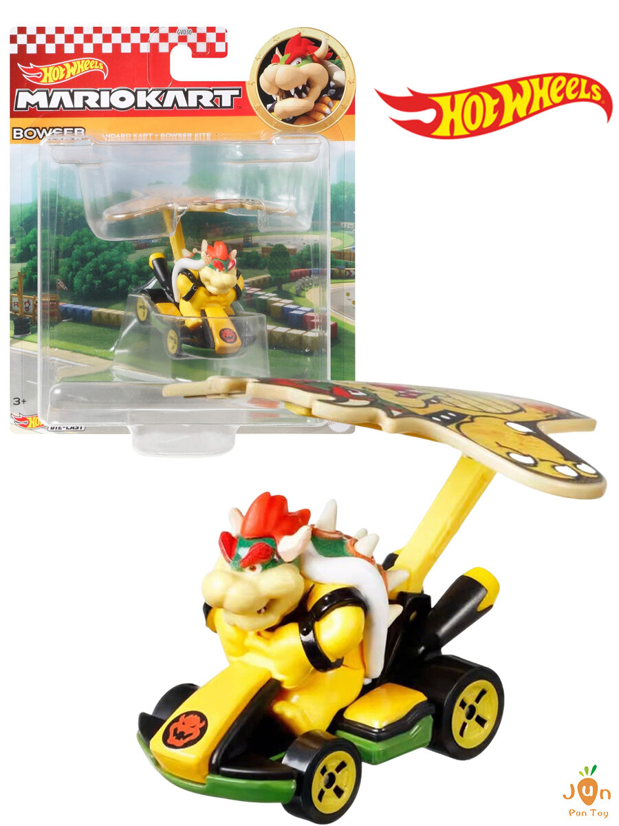 Машинка 1:64 Mattel Mario Kart Bowser Standard Kart GVD33 / Детский гоночный автомобиль, отлитый под давлением, включая картинг в масштабе 1:64 и аксессуары для парапланеризма