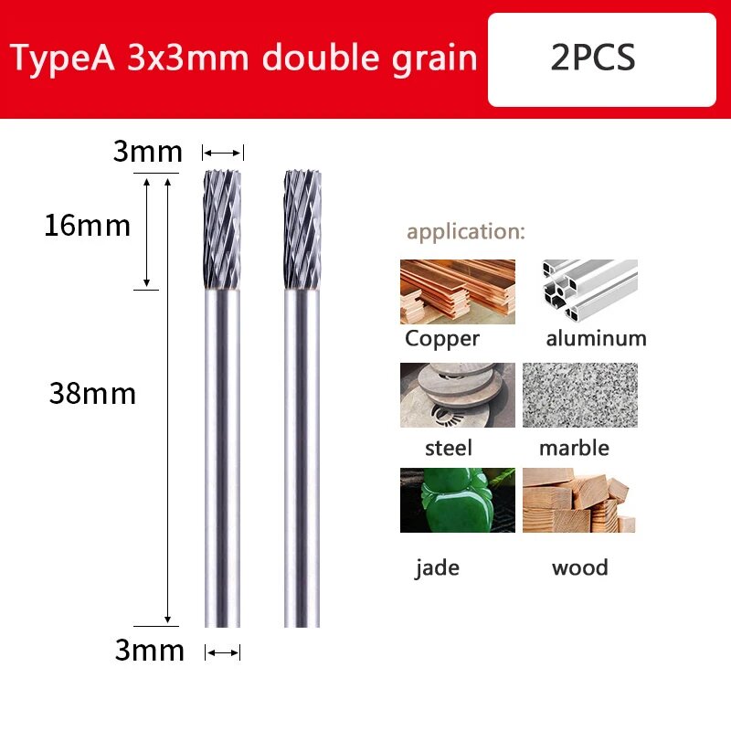 Фрезы из карбида вольфрама с хвостовиком 3 мм, вращающийся инструмент, заусенцы, A3X3 double 2pcs