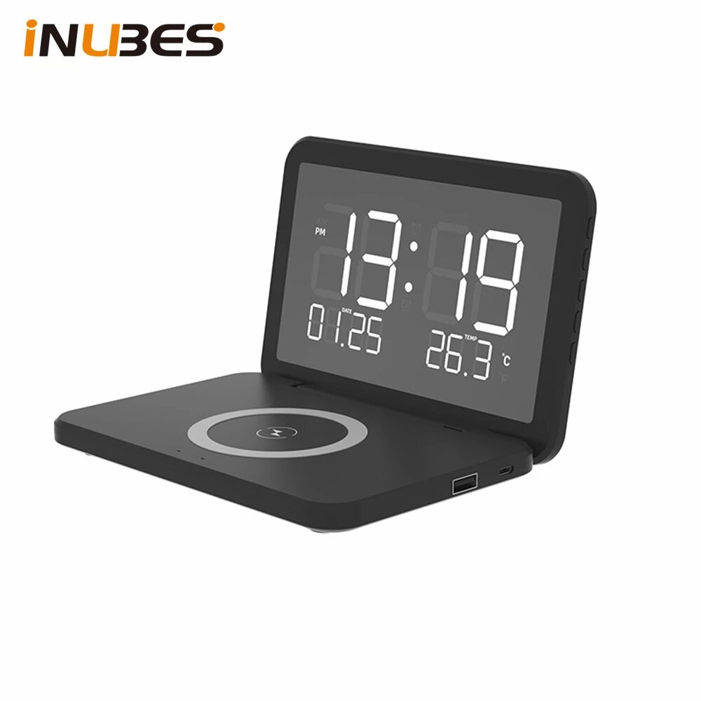 Электронный календарь с 15 Вт беспроводным зарядным устройством для телефона iPhone Samsung Беспроводная зарядка будильник термометр док-станция черный