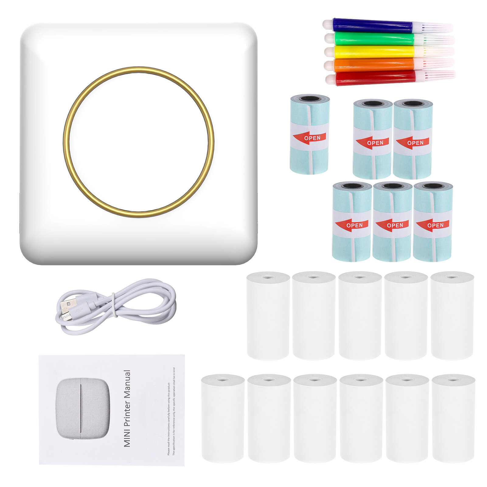 Mini Pocket Photo Printer Portable Thermal Printing Machine 203DPI Wireless BT Connection for Picture Lable DIY Handcraft List Meno Notes Journal Receipt Paper Instant Sticker with 6 Rolls White Therm