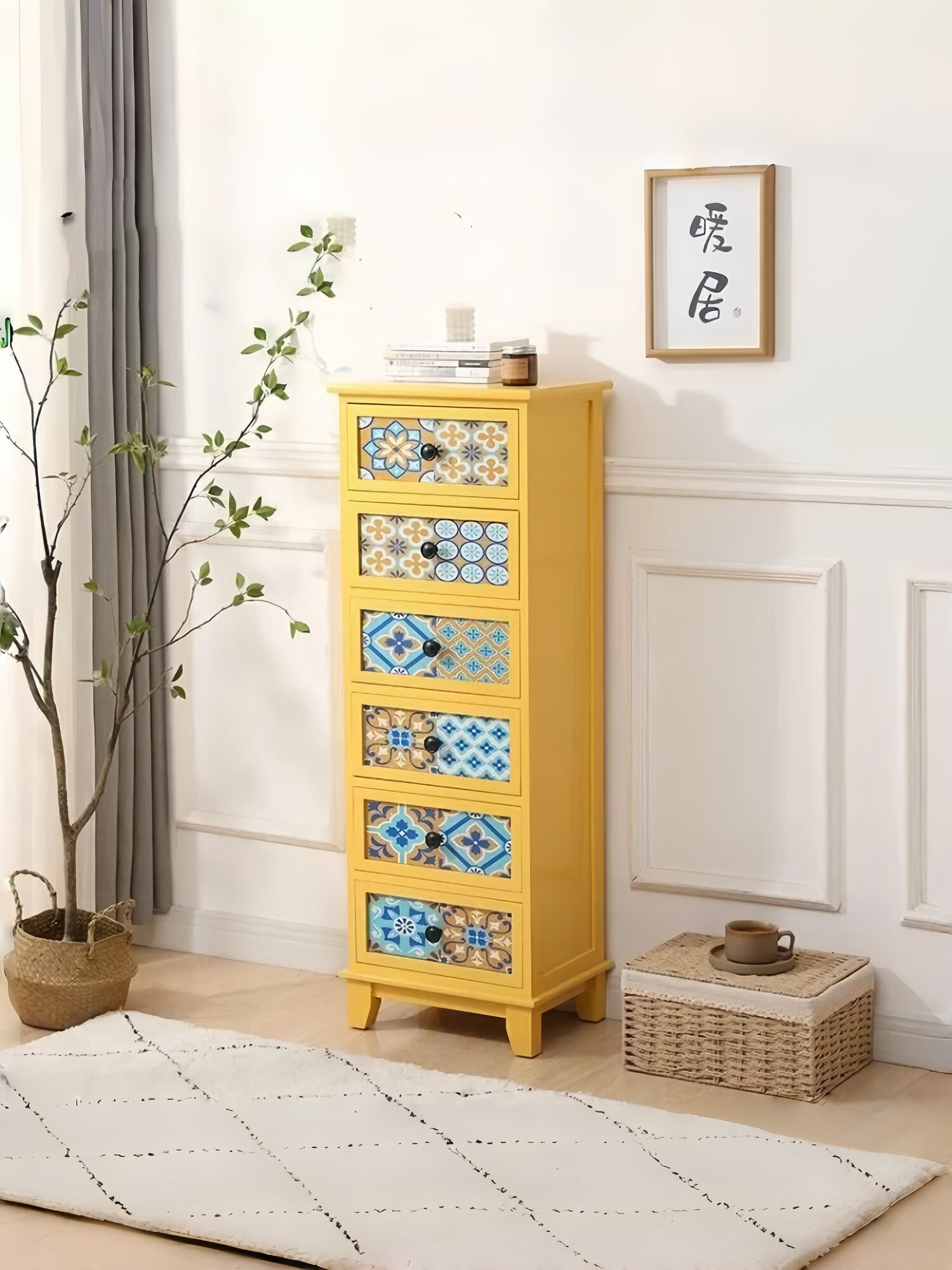 Комод ZXC, в стиле богемы, 6 ящиков, бесшумное закрытие, желтый