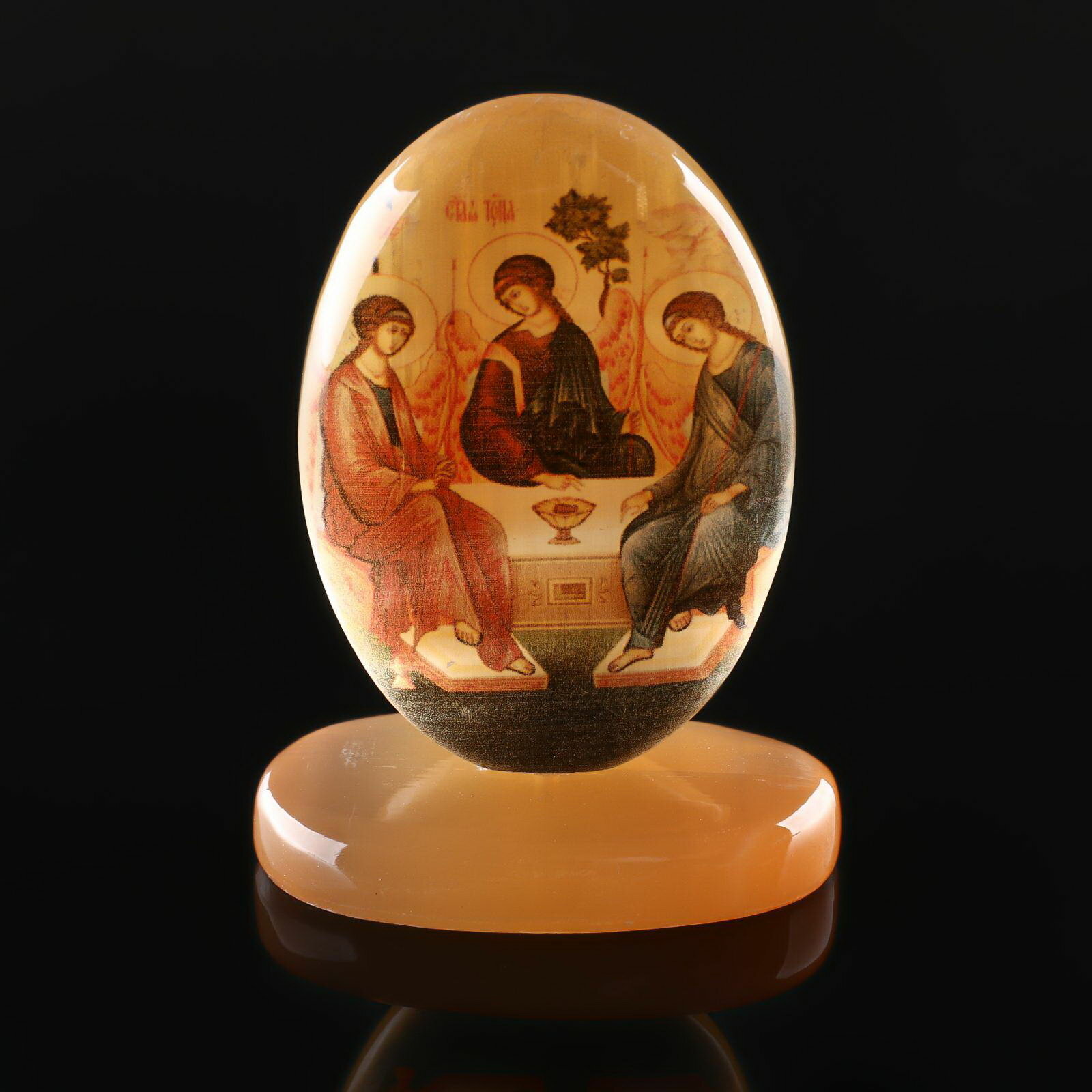 Икона "Святая Троица", овал на поставке с фоном, настольная, селенит