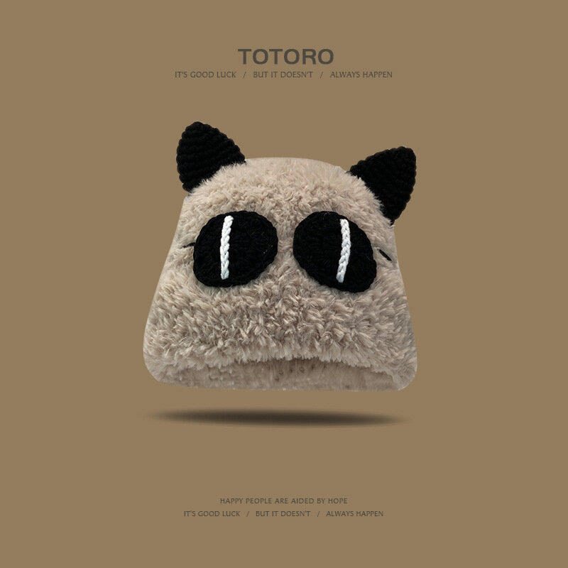 Японская милая вязаная шапка с кошачьими ушками для женщин, однотонная шерстяная шапка 2024, осенне-зимняя теплая и универсальная, приятная для кожи носка