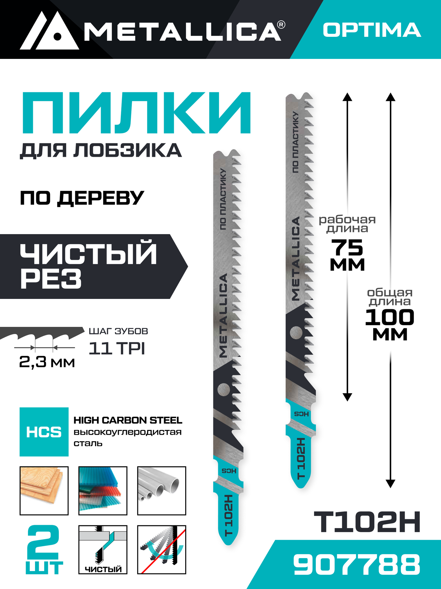 Пилки для лобзика по пластику 2шт METALLICA Optima T102H, 100/75мм шаг 2,3мм, HCS японский зуб, чистый рез