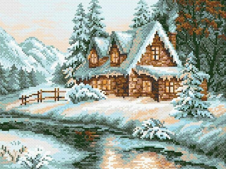 Алмазная мозаика Риолис "Зимний пейзаж" 30x40 см, Дома Лес Зима Архитектура Природа