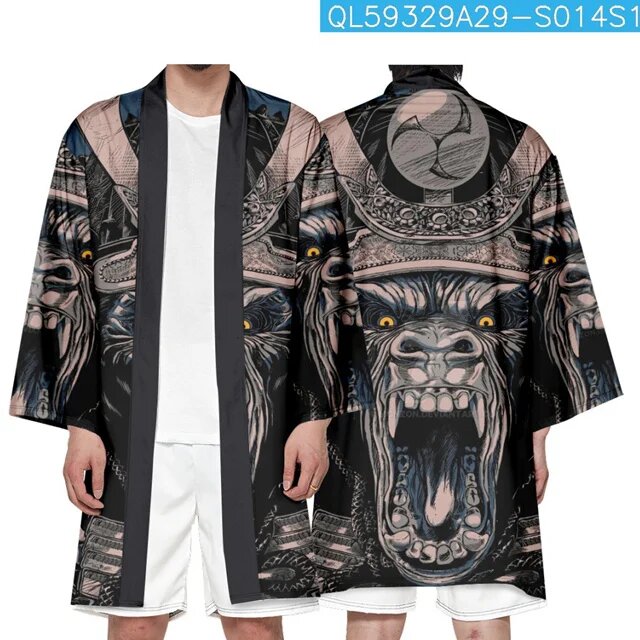 Модное длинное кимоно с принтом японского мультфильма, пляжный коричневый кардиган юката, традиционная женская и мужская косплей хаори, азиатская одежда