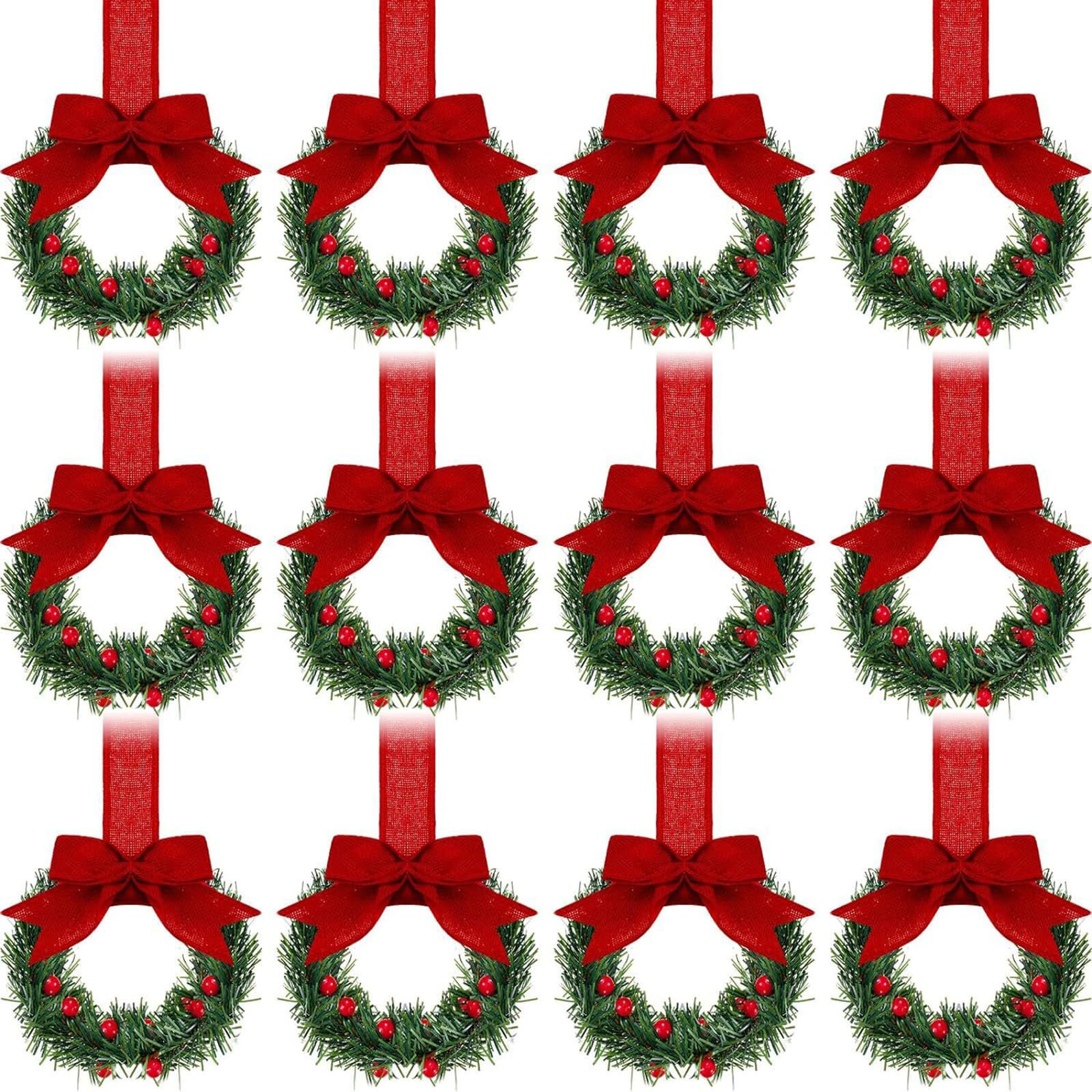 12 шт Миниатюрные венки для кухни размером 5.1 дюйма с лентами и красными ягодами, венки для окон и дверей, венки в стиле фермы для праздничных украшений Рождества, ширина 13 см, длина ленты 55 см, материалы: сосновые ветки, красные ягоды, шишки, красный
