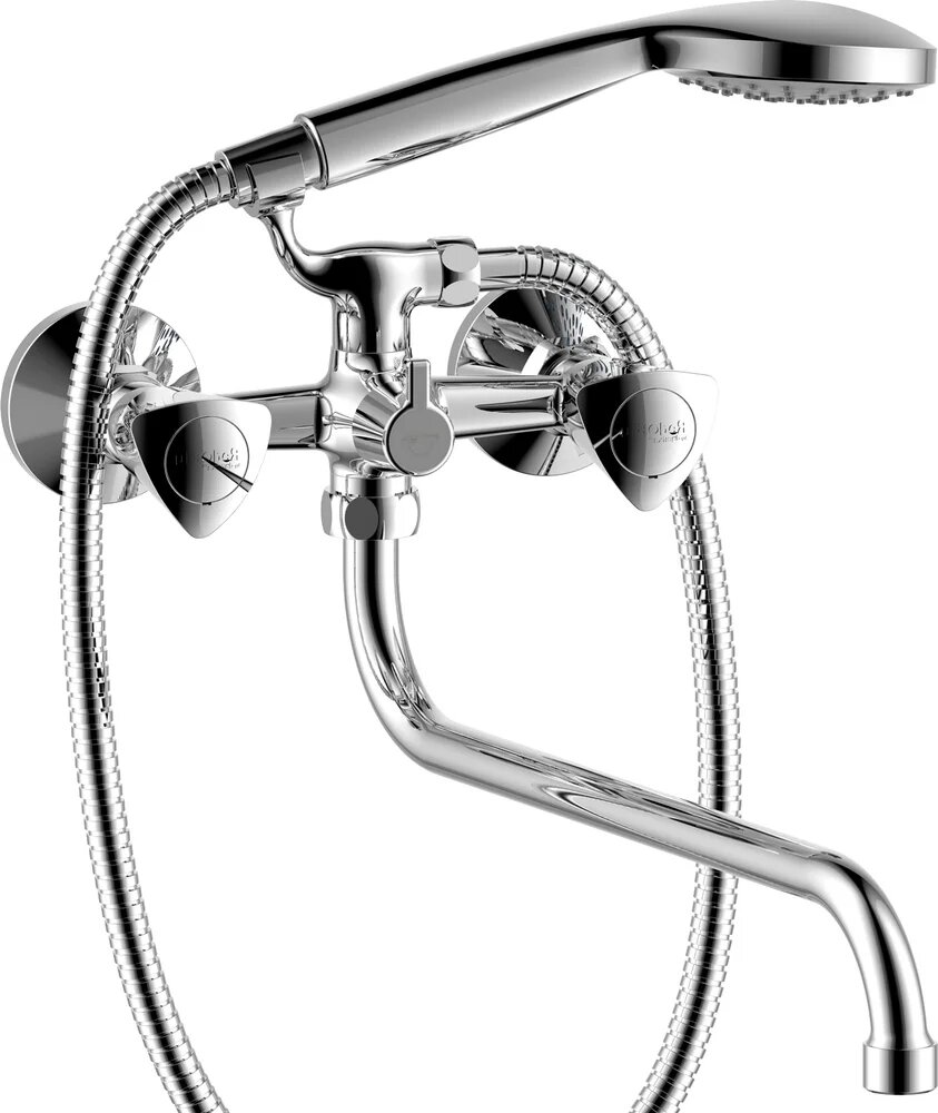 Смеситель с длинным изливом для ванны Damixa RedBlu Object 349500000 с душевым гарнитуром, поворотный, латунный, хром, глянцевый, смеситель для ванны с душем, вентильный