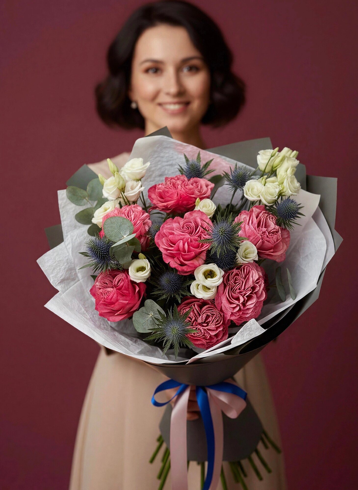 Сборный авторский букет "Ежевика" с пионовидной розой и эрингиумом