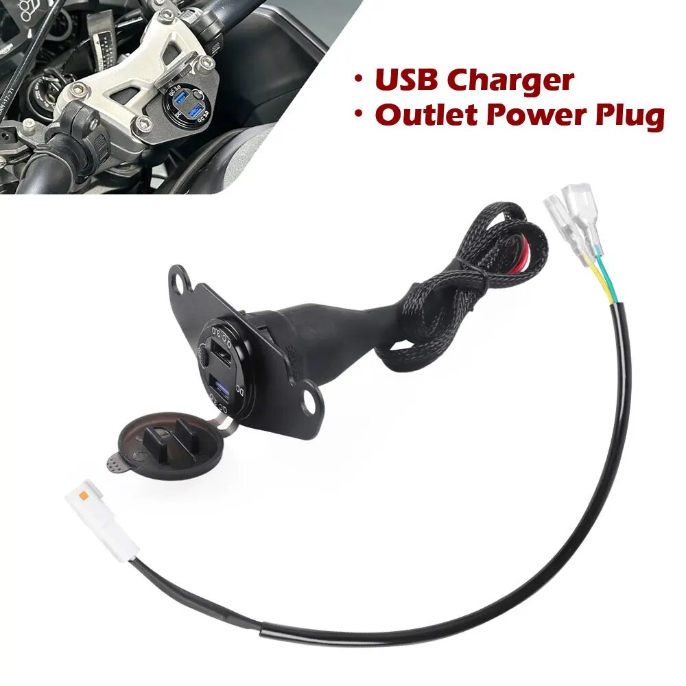Для Tiger Sport 660 2022-2024: Дополнительное USB-устройство для зарядки, двойной USB-разъем для быстрой зарядки, силовой разъем, кабель-переходник, гнездо для подключения.