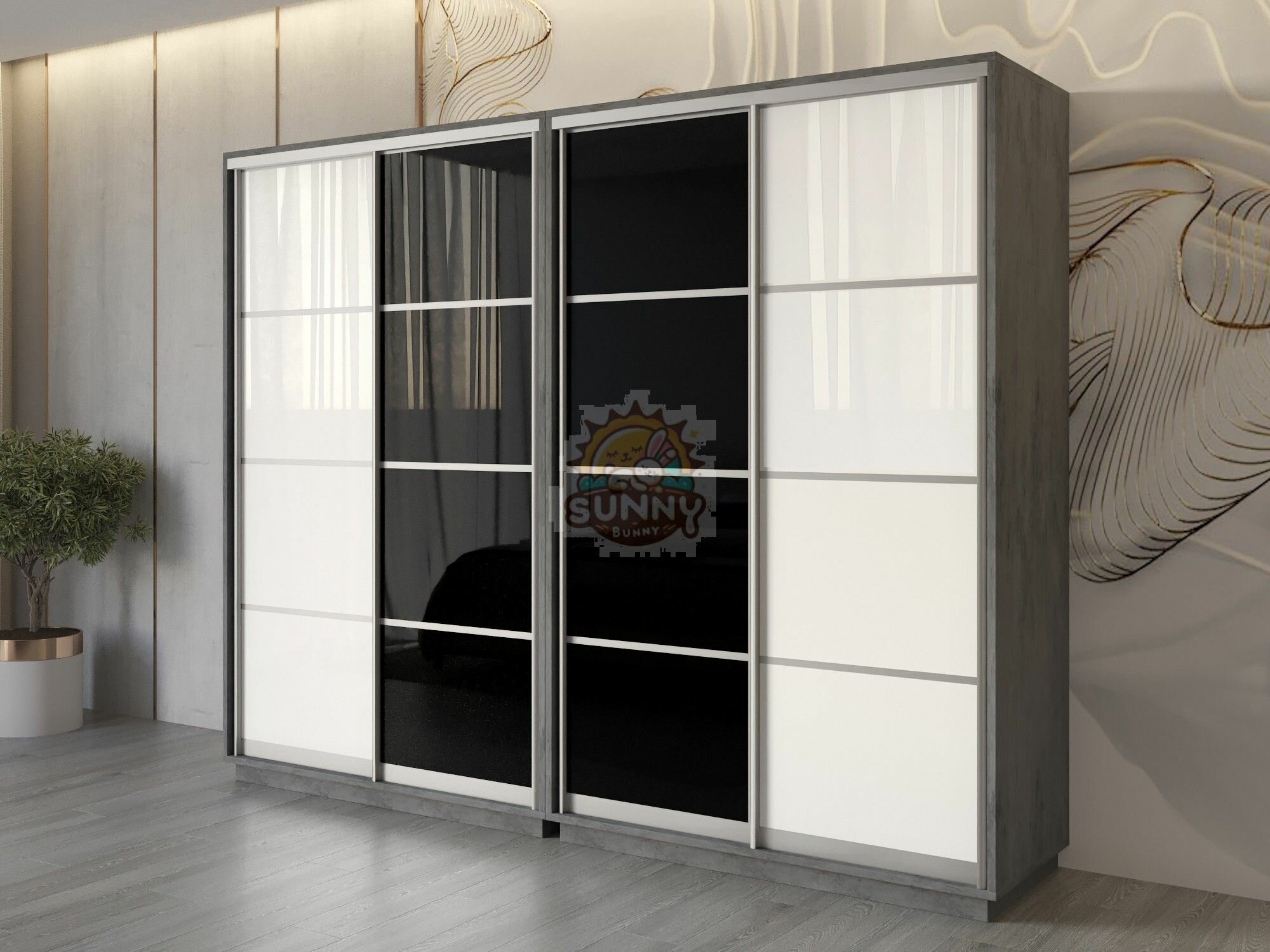 Шкаф-купе Флорида 4дв. (2+2) Стекло белое 2/Стекло черное 2, профиль серебро, 280х60х220 см. Бетон