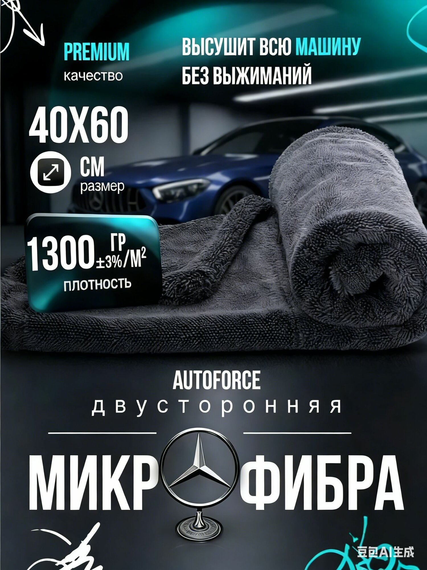 Автополотенце микрофибра AutoForce 50x70 см 1300 GSM (двустороннее, серое) для сушки и полировки кузова