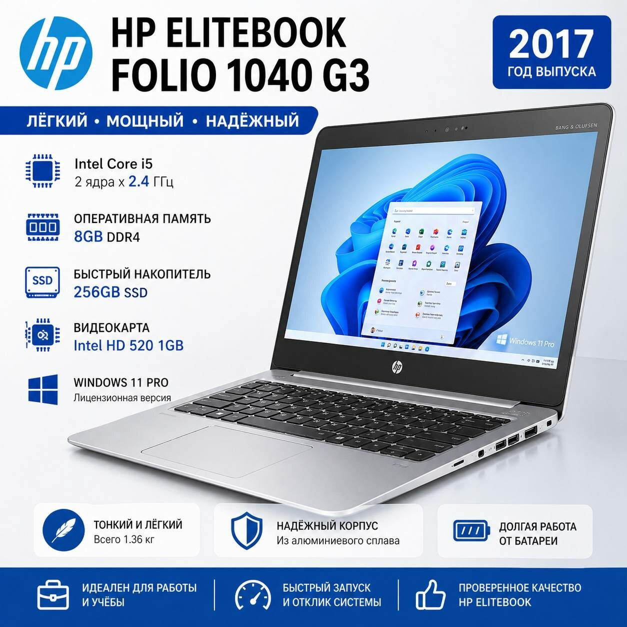 Ноутбук HP EliteBook Folio 1040 G3 2017 Core i5 2 ядра x 2.4Ггц / ОЗУ 8Gb / SSD 256Gb / Intel HD 520 1Гб / Windows 11 Pro