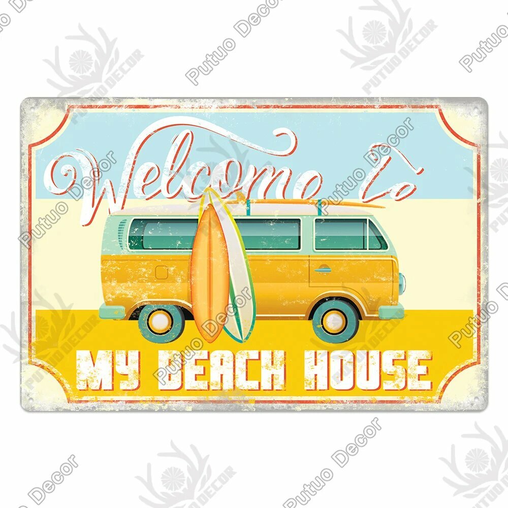 Металлическая табличка "Welcome to My Beach House" Желтая THC076