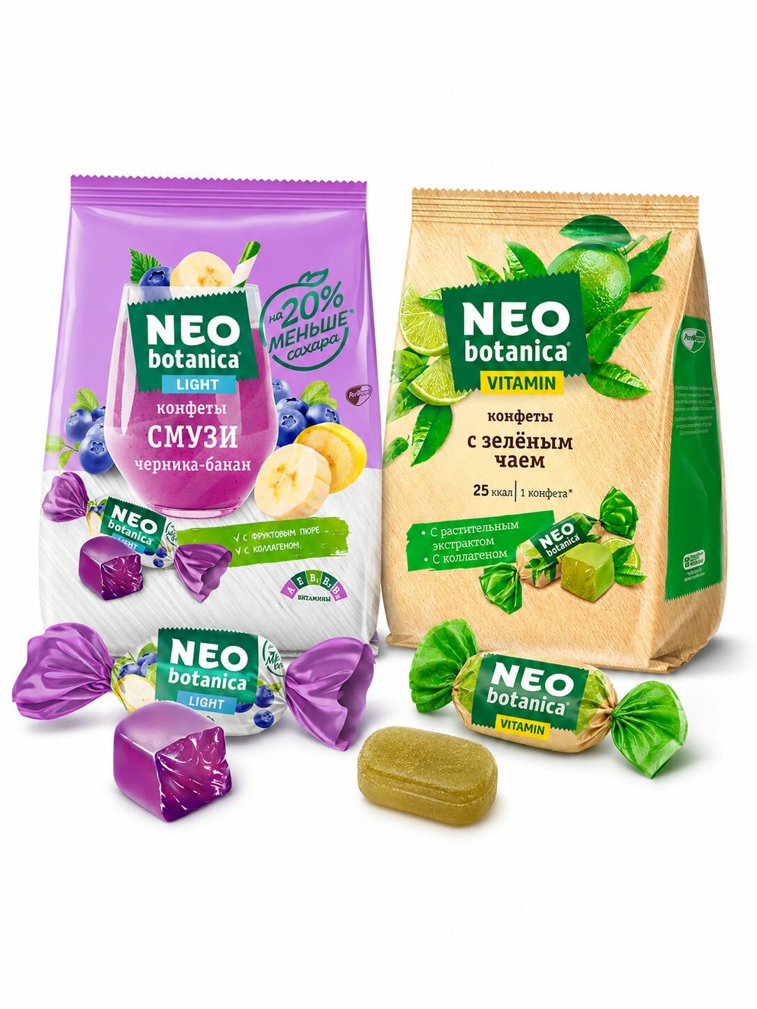 Конфеты Neo-Botanica черника-банан и с зеленым чаем, 150 г + 200 г