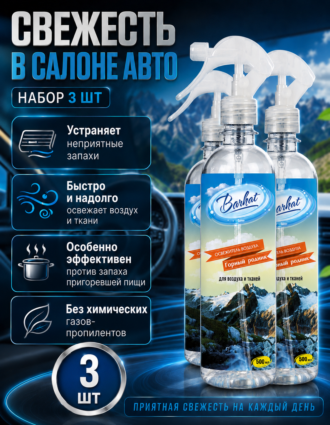 Мини освежитель воздуха BARHAT Горный родник 500 г 3шт