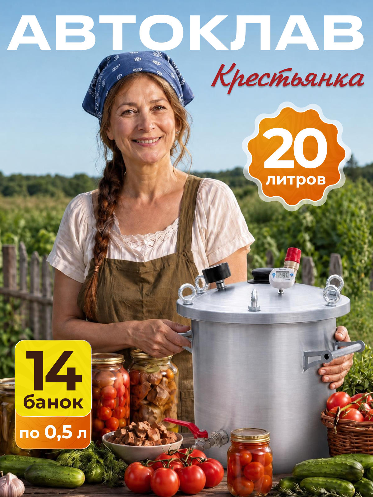 Автоклав для домашнего консервирования Helicon Крестьянка, 20 литров, на пару и на воде