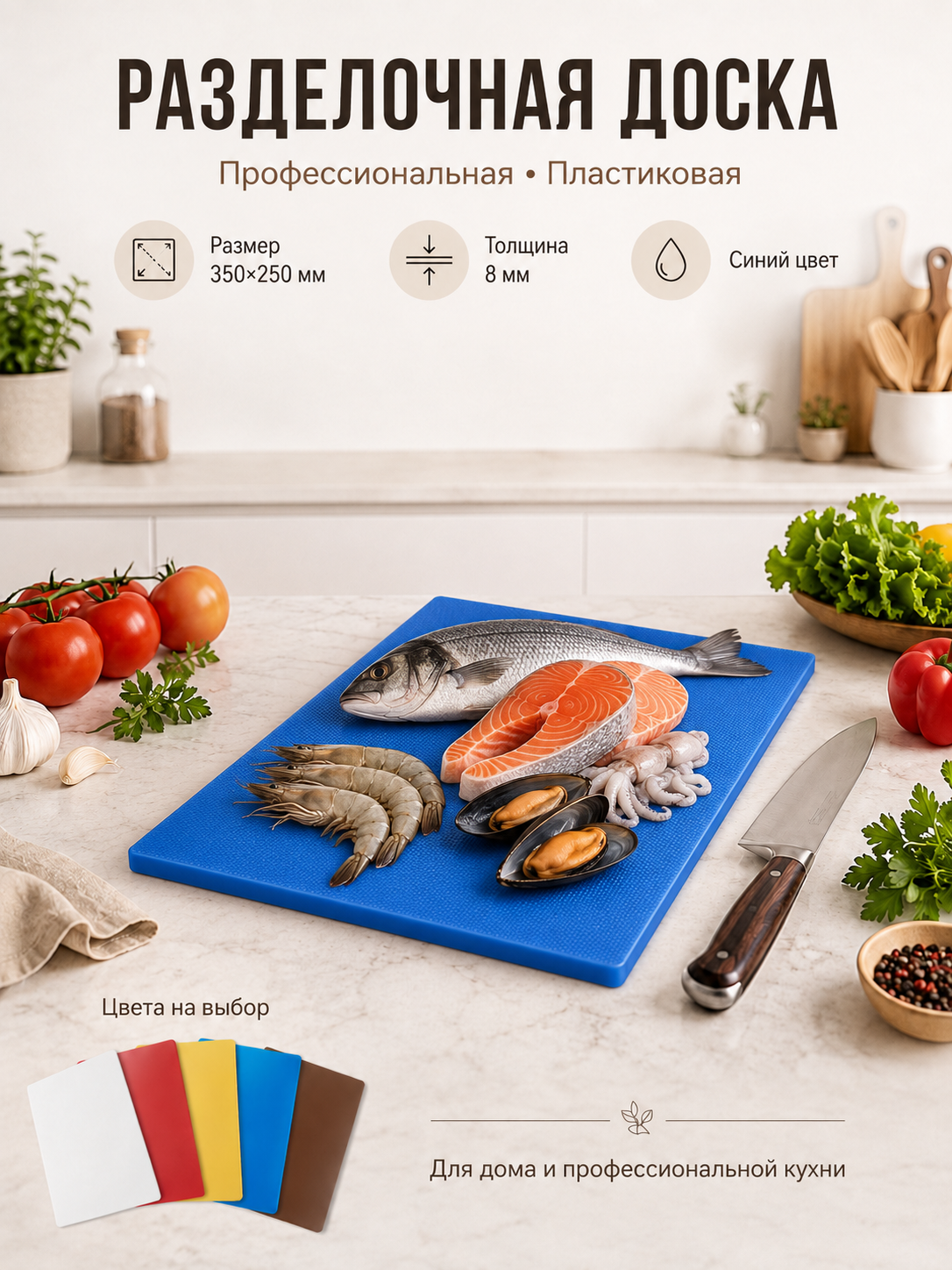 Доска разделочная пластиковая 350*250*8 мм синяя, профессиональная, универсальная, для кухни