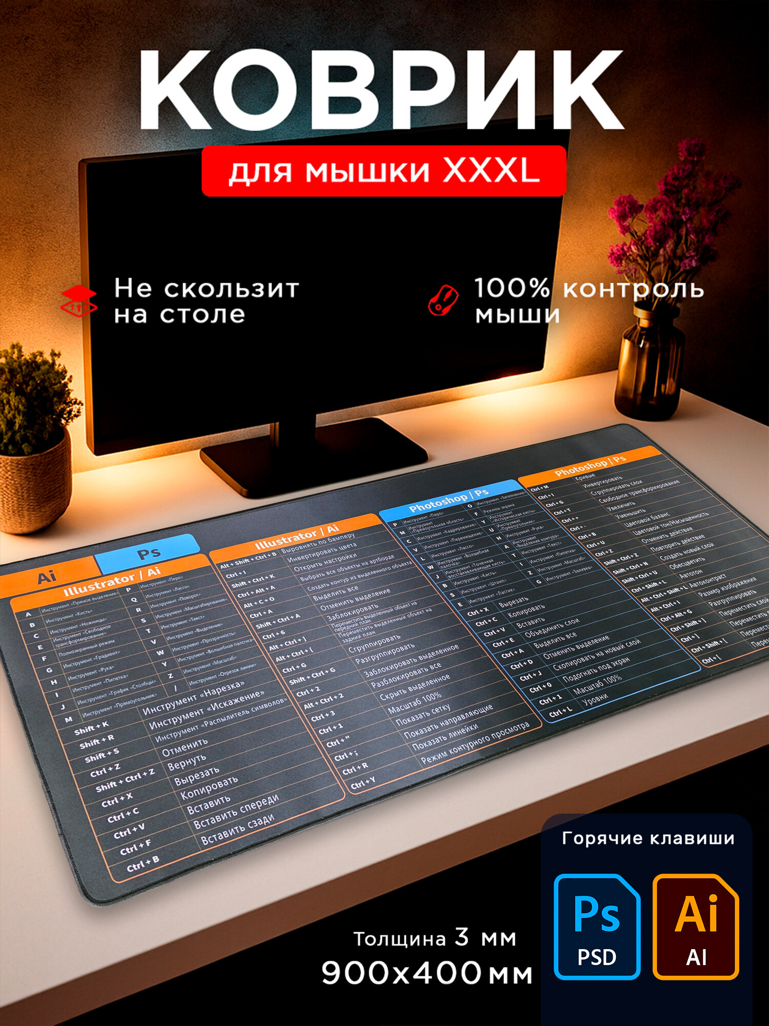 Коврик для мыши 900х400 большой с горячими клавишами и быстрыми командами фотошоп, компьютерный XXL, жаккард, прошитый