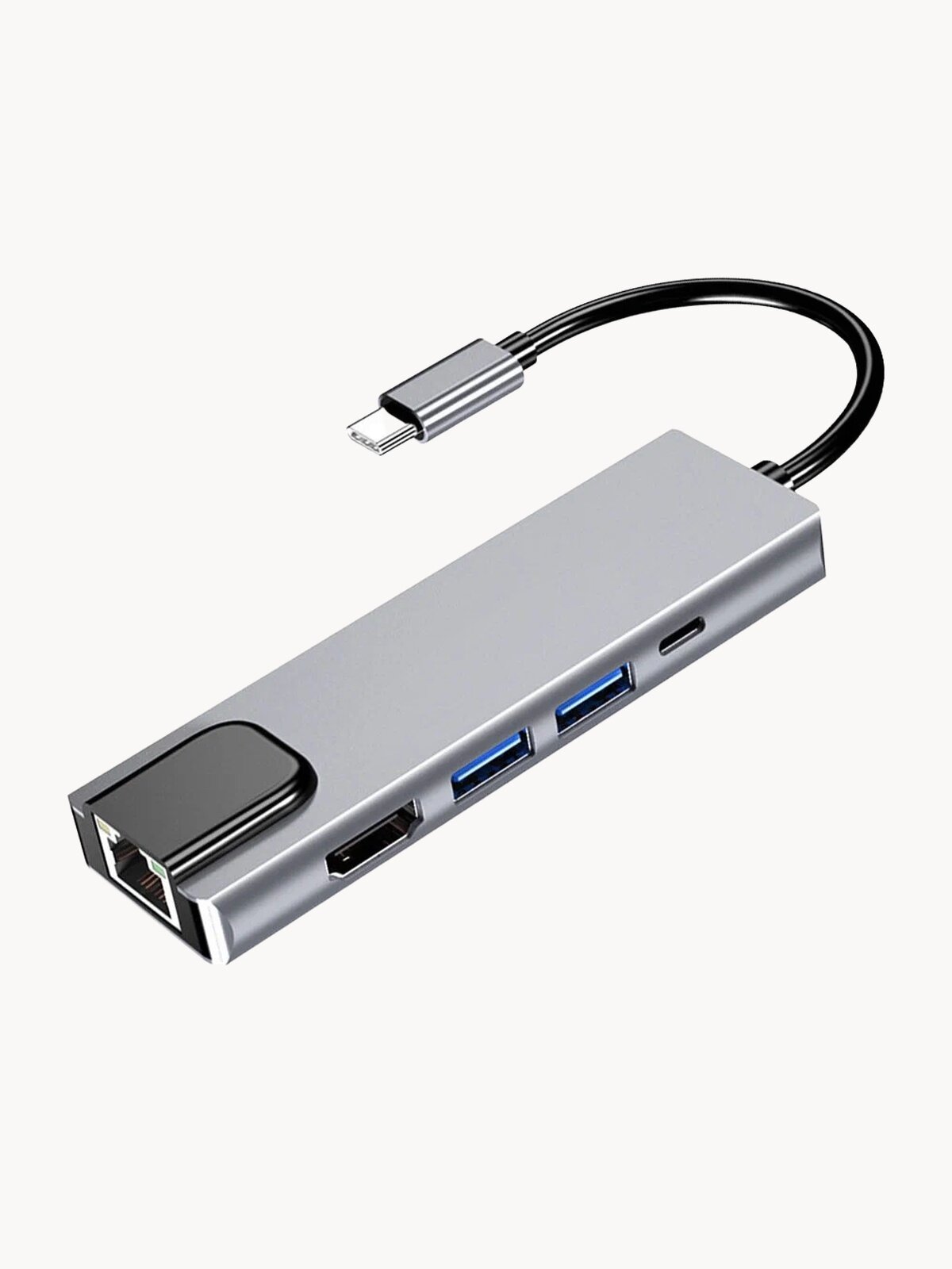 Хаб/Концентратор USB-C HUB 5 в 1/Переходник с USB 3.0, RJ45, HDMI 4K, PD Зарядка до 100W для MacBook Pro/Air