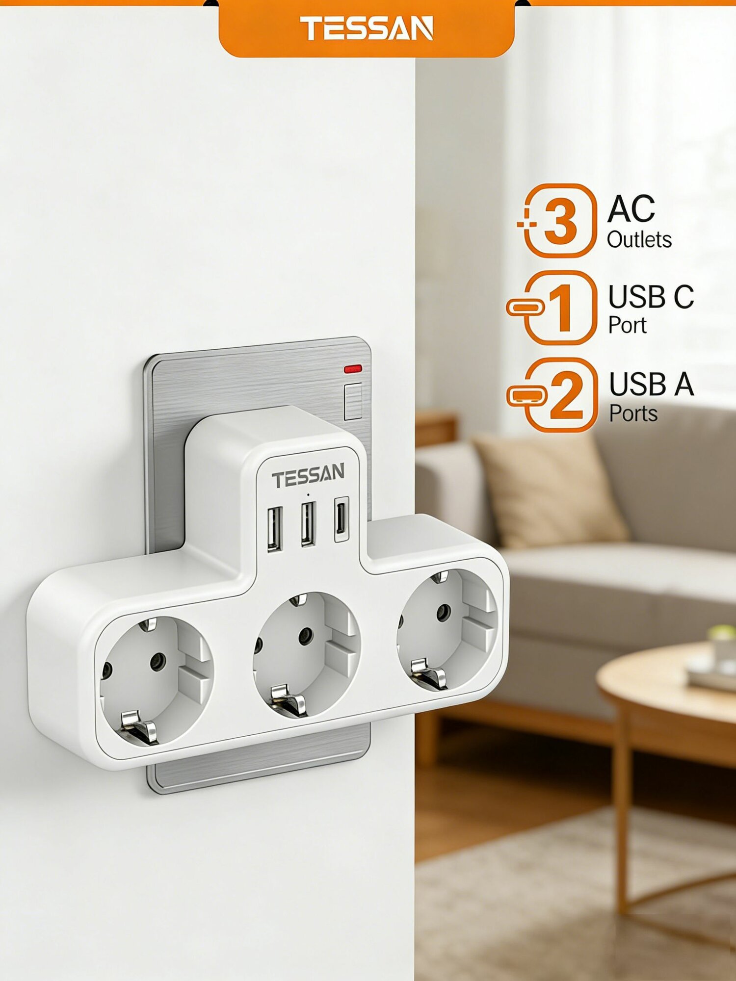 Тройник для розетки, TESSAN, быстрая зарядка, разветвитель на 3 гнезда + 2 USB A+1 USB-C