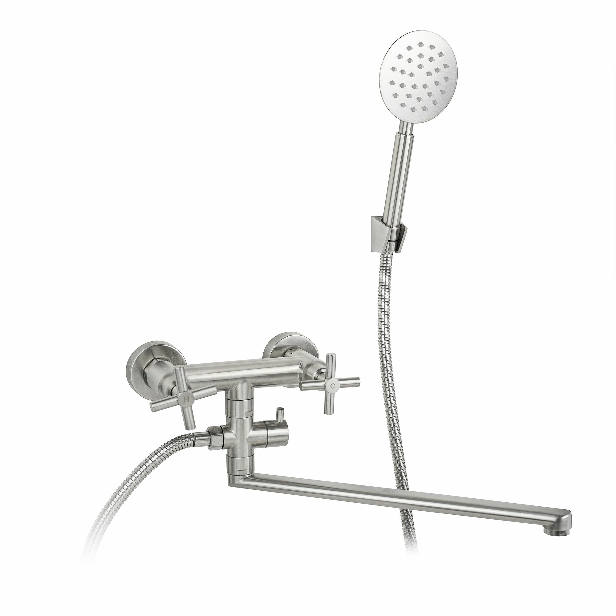 Смеситель для ванны из нержавеющей стали с длинным поворотным изливом, вентильный, сатин