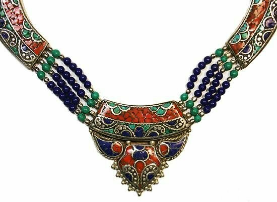 Колье, искусственный камень, голубой, красный, серебряный, синий — фото 1