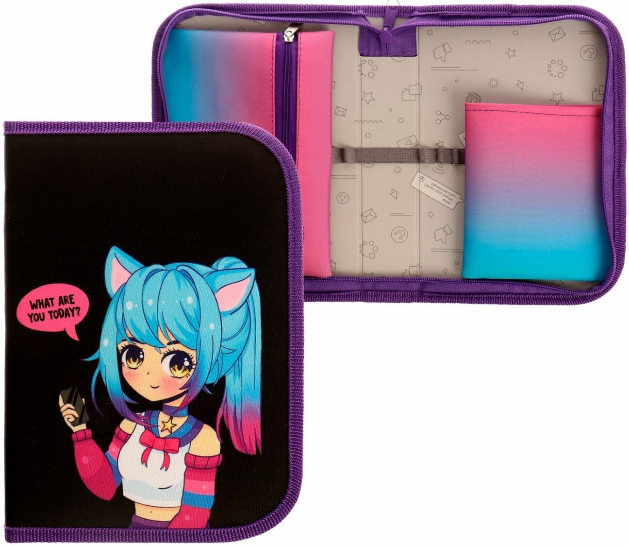 Пенал каркасный школьный "Корги" тканевый для детей, 140 х 210 х 40 мм, 1 отделение на молнии, откидной карман и косметичка, без наполнения, для девочки