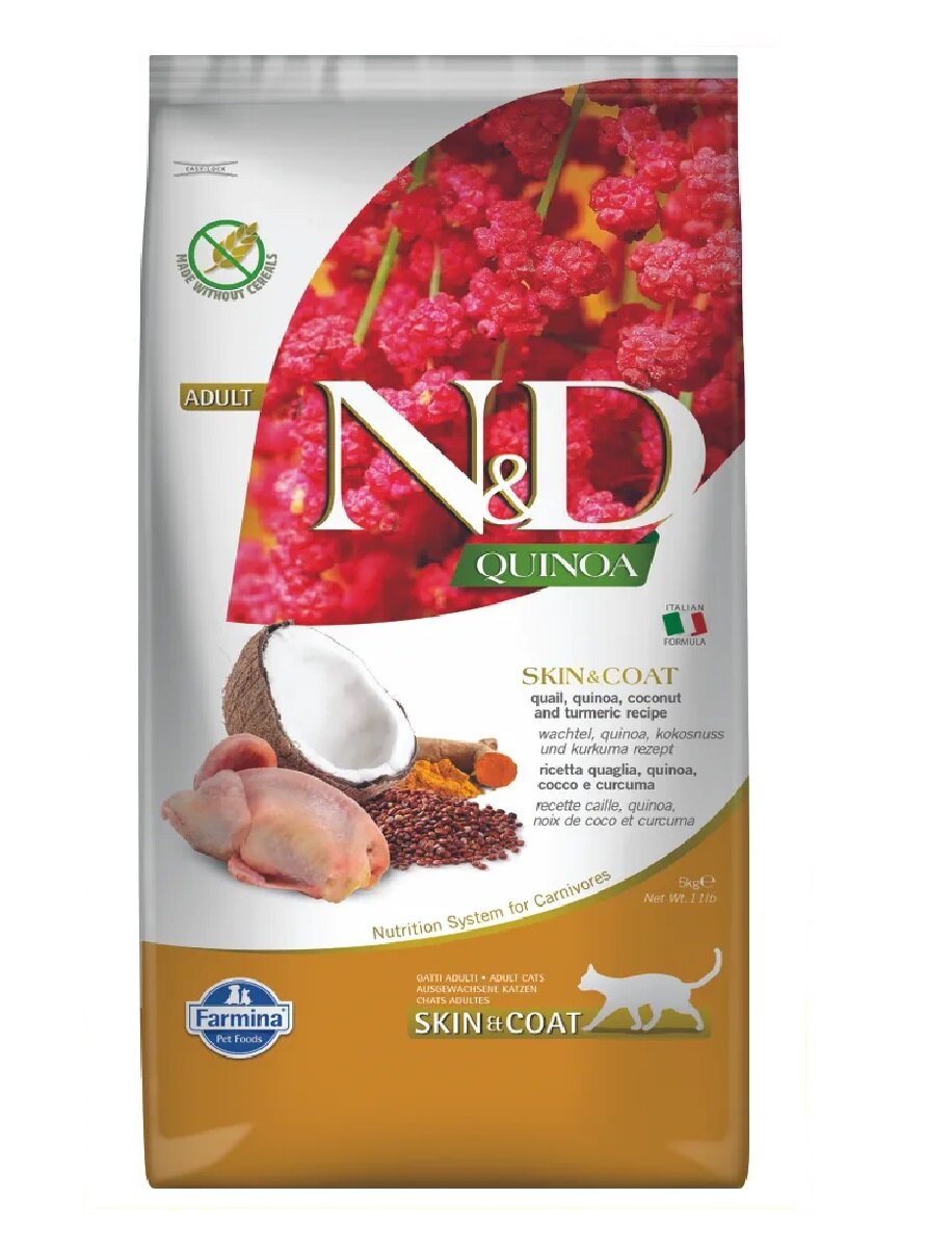 Farmina Корм сухой ND CAT GF Quinoa Skin&Coat Quail для взрослых кошек с перепелкой уход за кожей и шерстью 5 кг