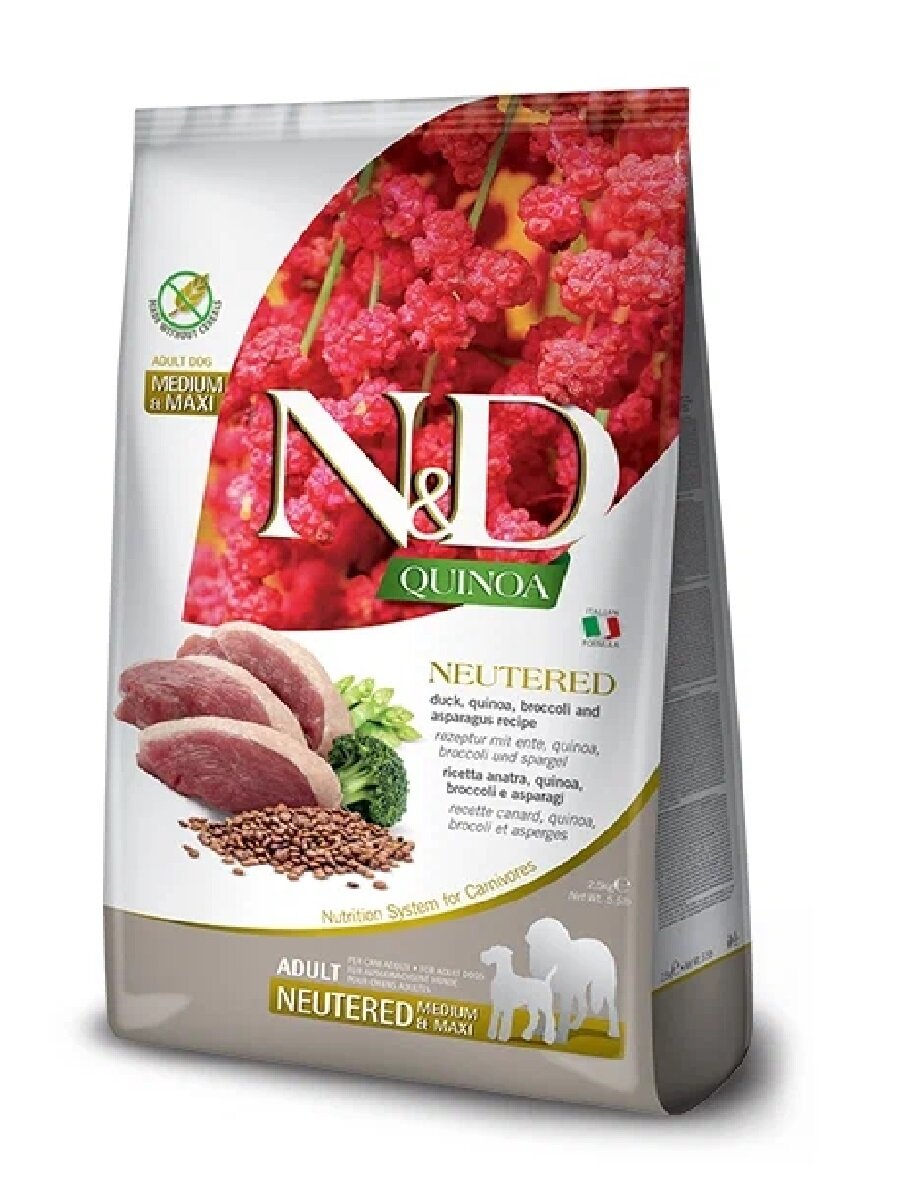 Farmina Корм сухой ND DOG GF Quinoa Duck, Broccoli & Asparagus Neutered Adult Medium&Maxi для стерилизованных и кастрированных собак средних и крупных