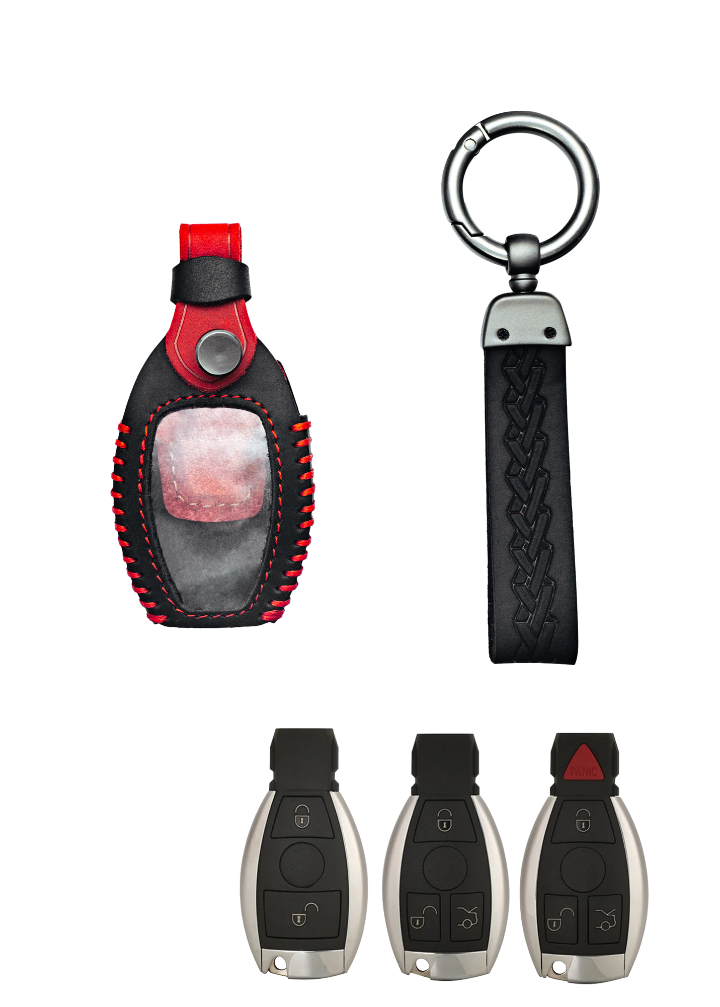 Чехол для автомобильного ключа Mercedes (Мерседес) Цвет Черный Нить Красная