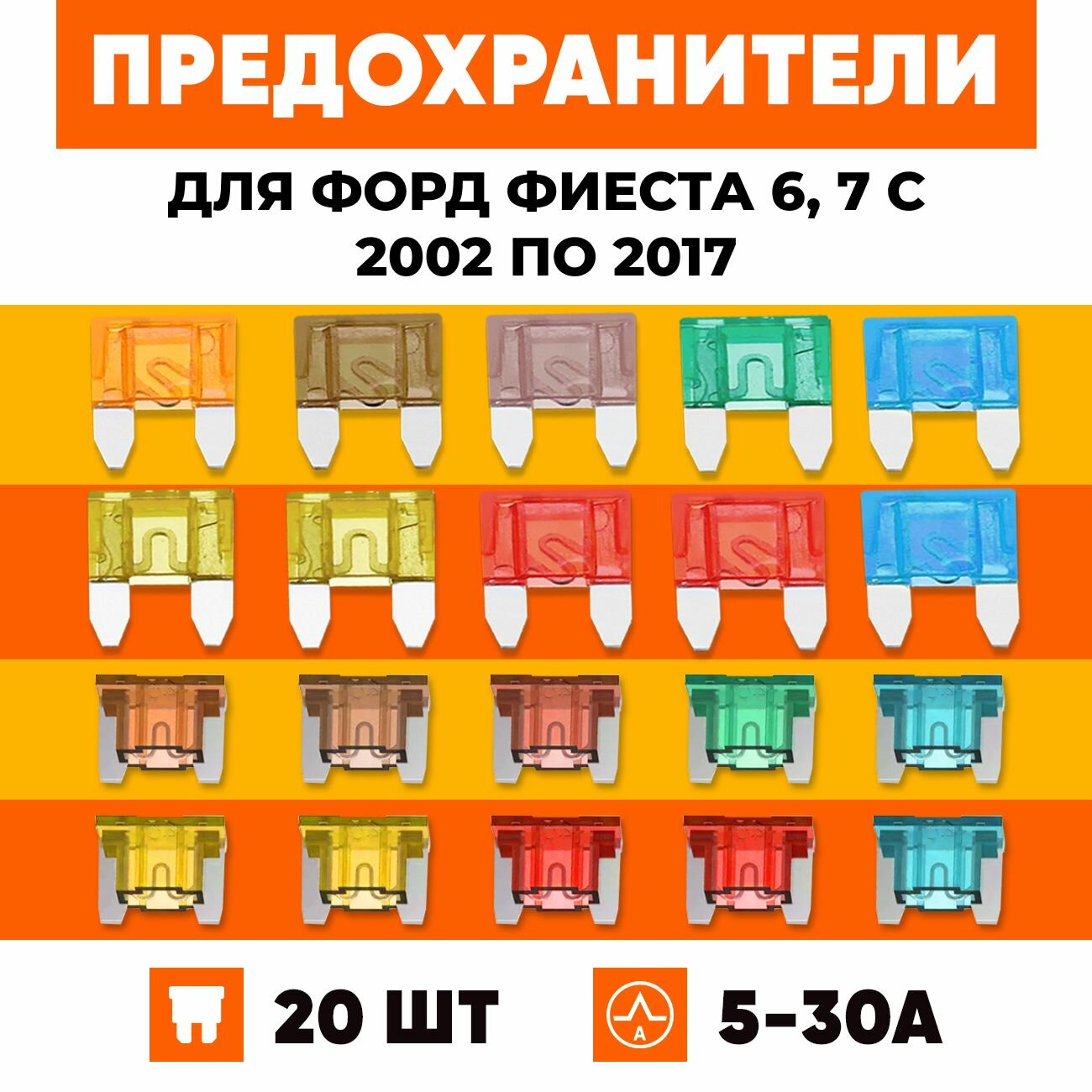 Предохранители Форд Фиеста 6, 7 с 2002 по 2017 набор Мини+Микро 20 шт