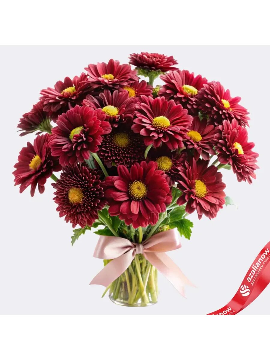 Букет из 9 кустовых бордовых хризантем с лентой