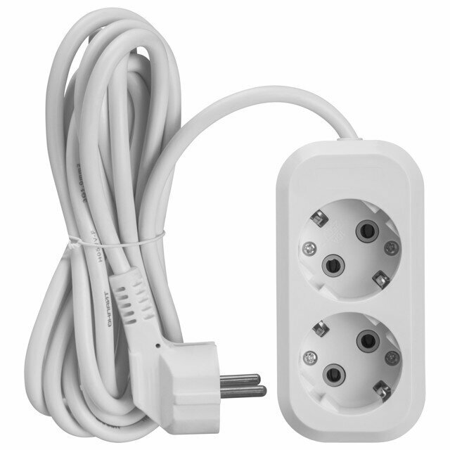 Онлайт удлинитель 5 м 2-местный с/з IP20 16 А белый кабель с двумя розетками и защитой