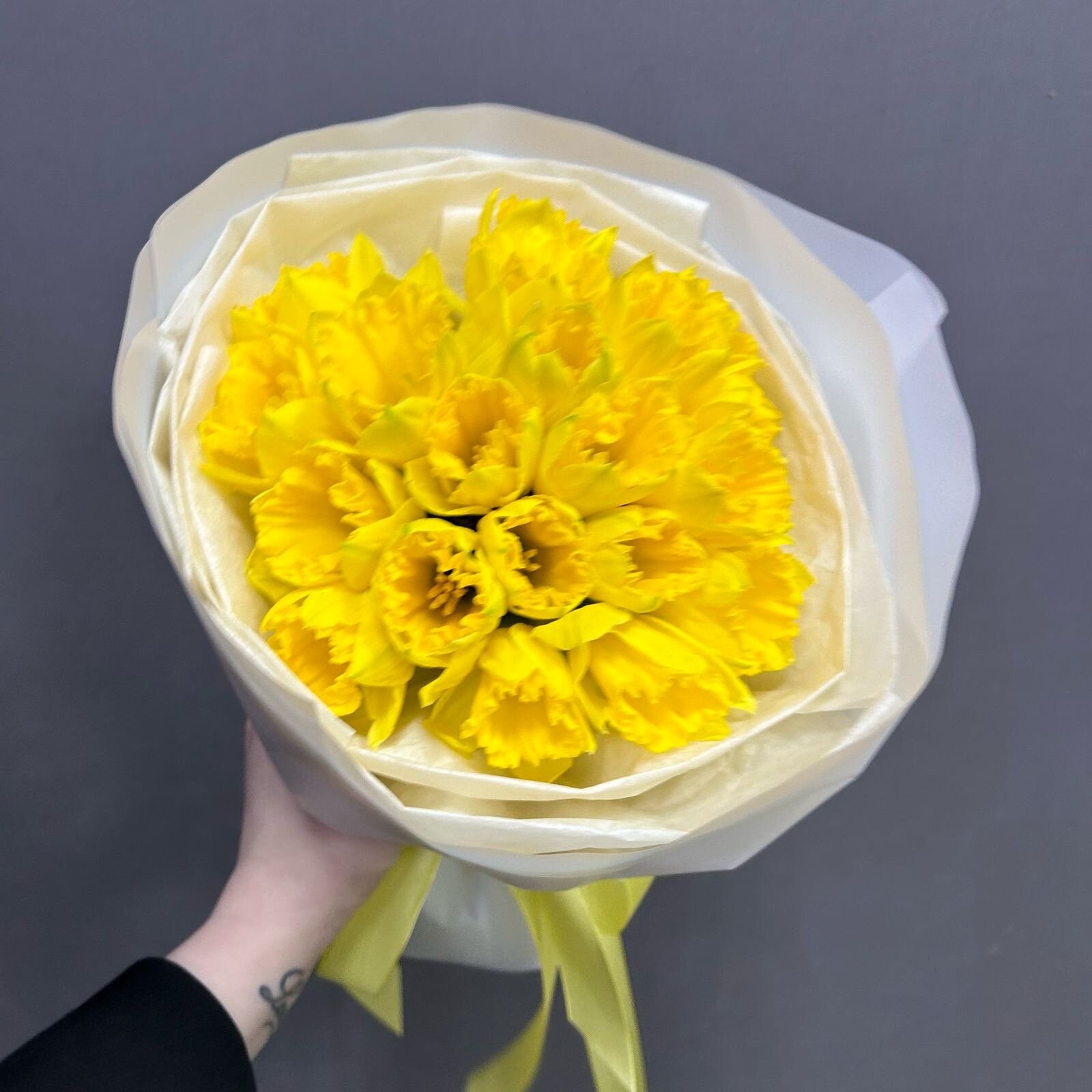 Букет из 19 желтых нарциссов в белой пленке