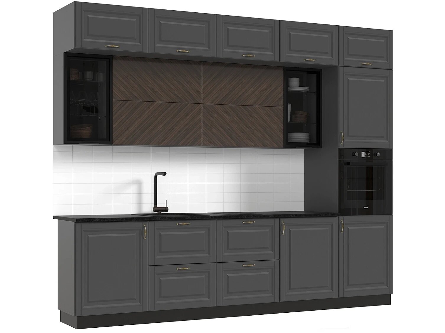 Кухня МДМ 3,0м Компоновка №2 Графит/Графит софт NEW/Прайм орех