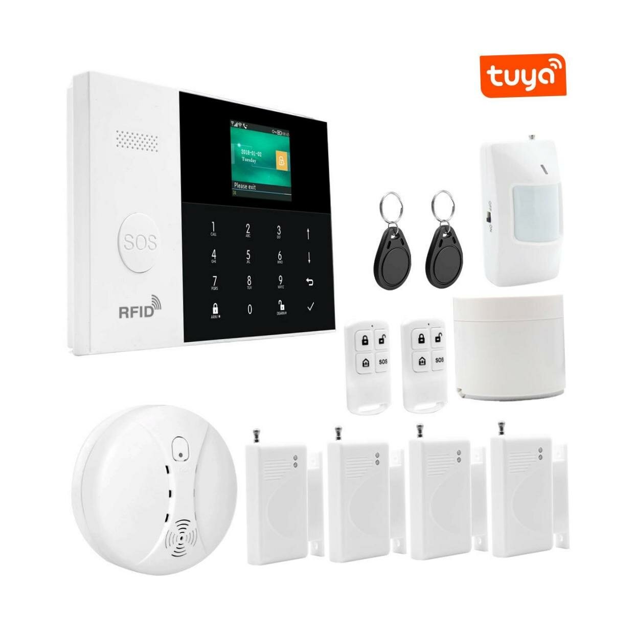 Система: охранно-пожарная звуковая TUYA GSM / WiFi сигнализация Страж Шериф-GSM-11 (RFID) (I30386KOM) с 11 беспроводными датчиками в наборе для дачи