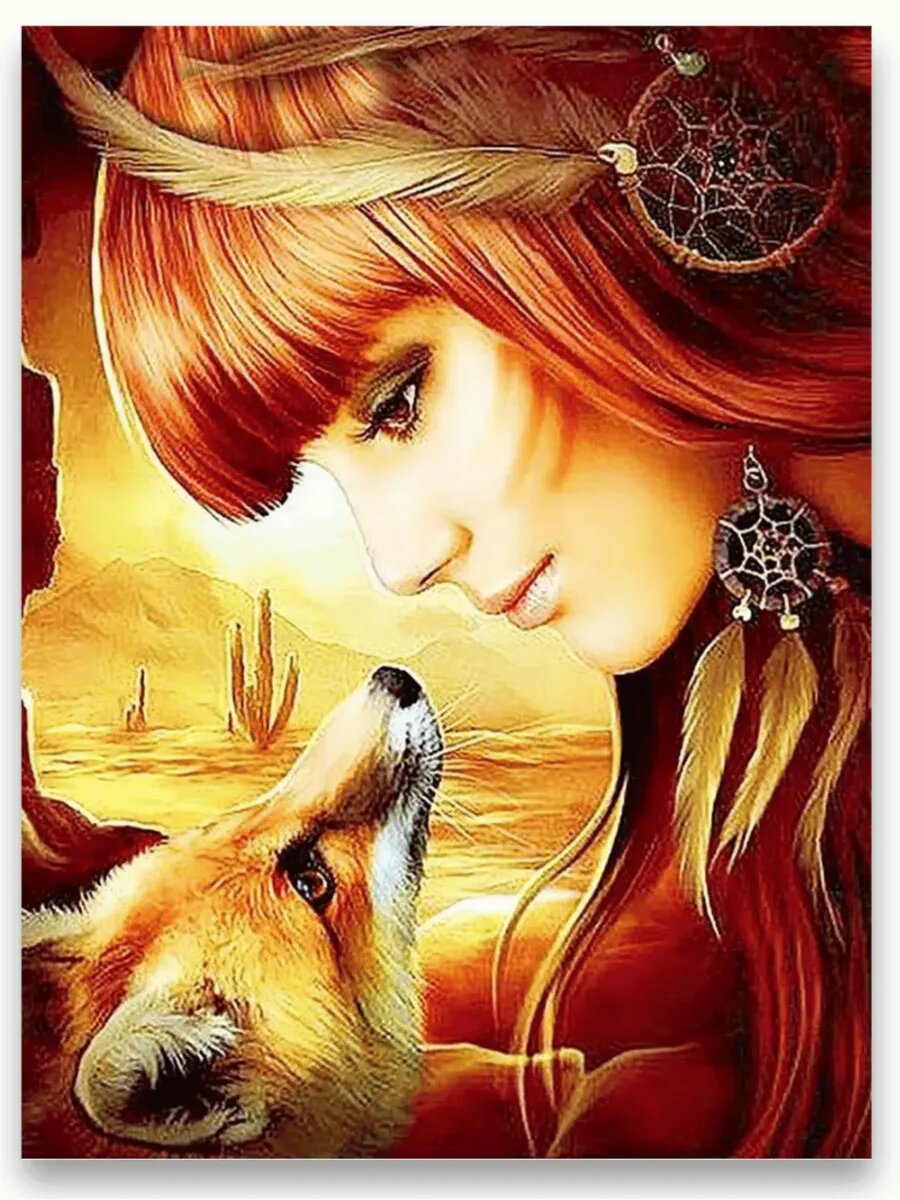 Картина ALMAZIKA "Девушка с лисенком", 40x50 см, акриловые стразы
