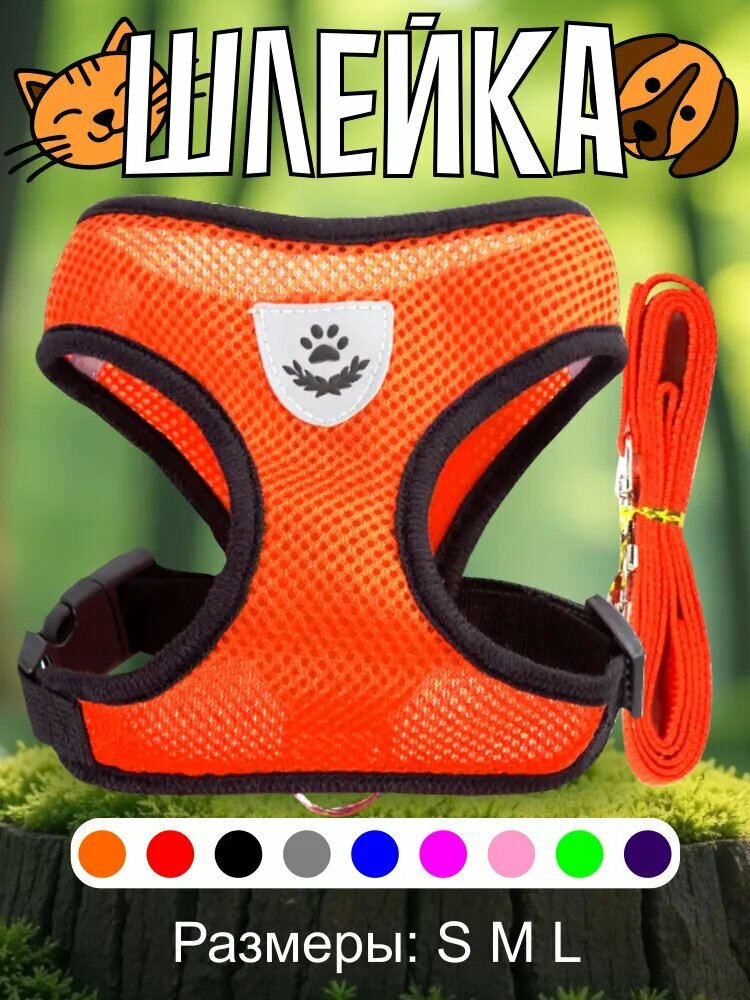 Шлейка для собак и кошек, анатомическая с поводком и светоотражательной нашивкой, оранжевая
