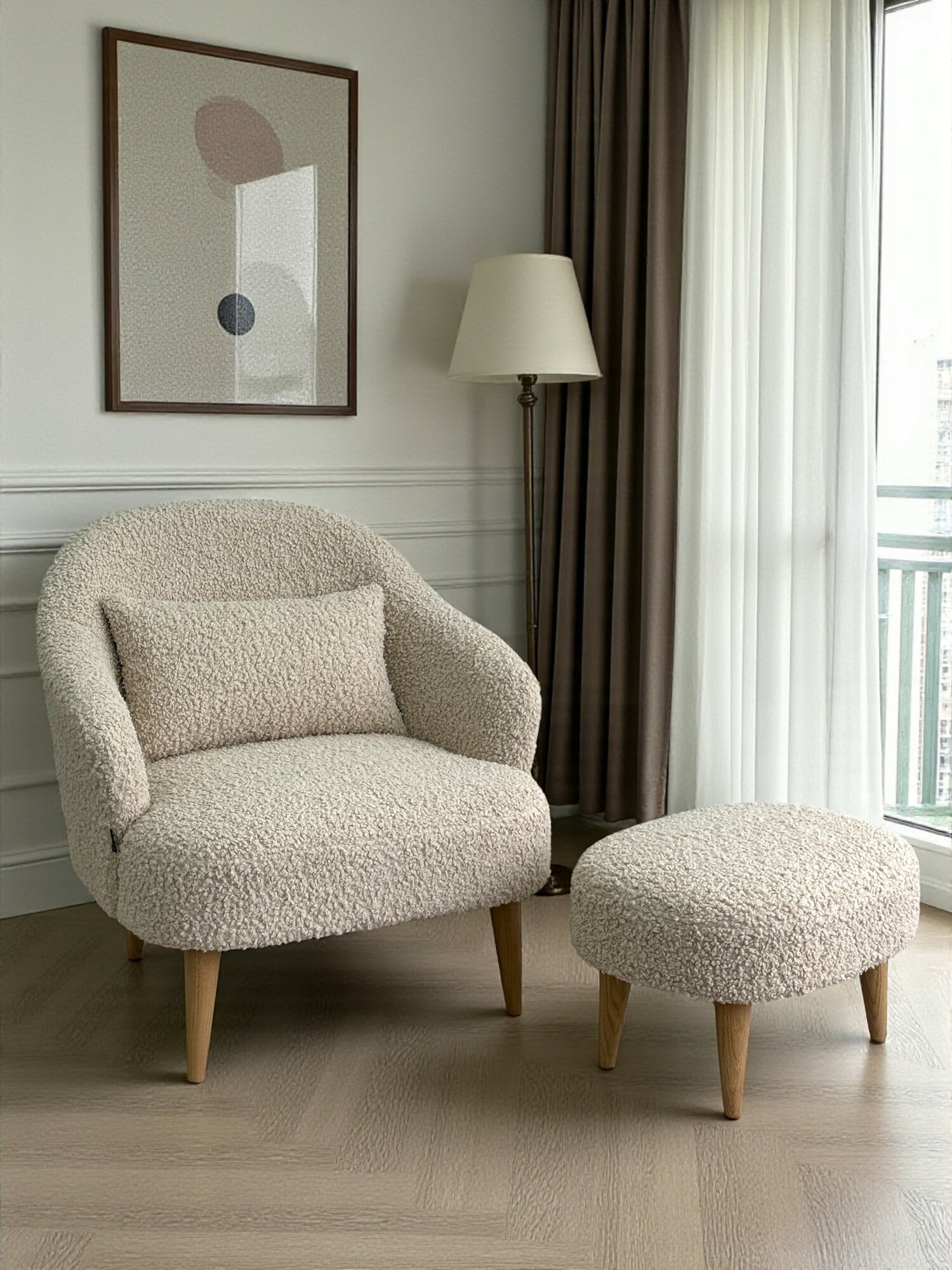 Кресло и пуф Унно для дома и отдыха, классическое кресло, бежевый барашек