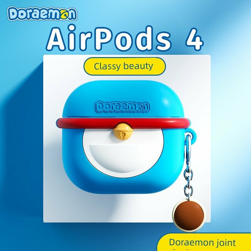 Силиконовый чехол для Apple AirPods 4 с дизайном кармана Дораэмон, матовая текстура, надежная посадка, не скользит,