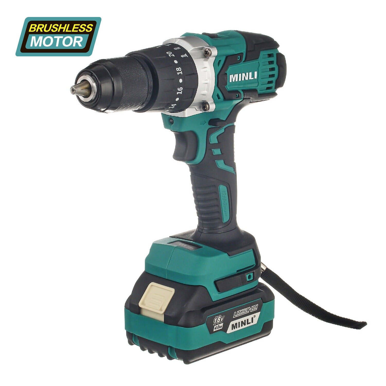 Дрель-шуруповерт ударная аккумуляторная Minli 18В, 60Нм, 4.0Ач, 2 скорости, патрон 13мм, кейс DC105-4.0A