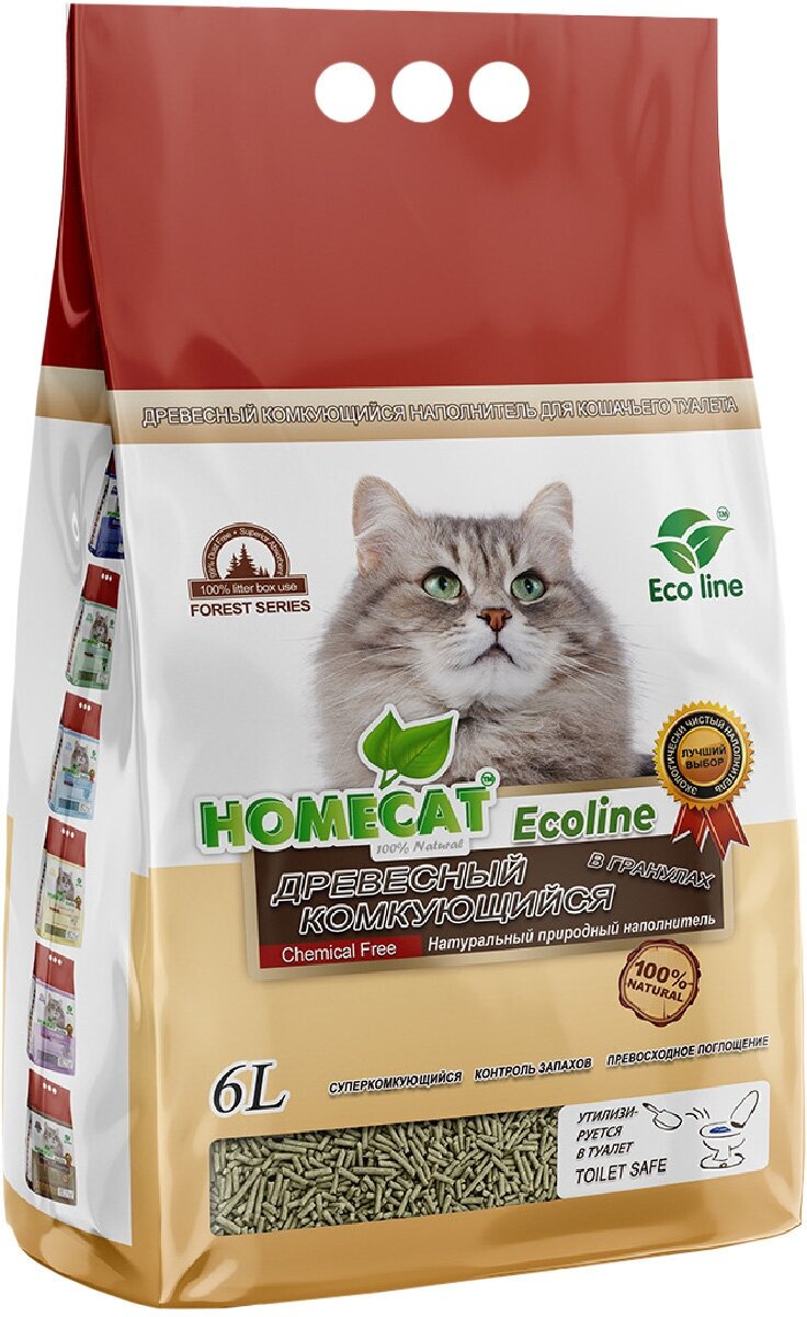 HOMECAT эколайн наполнитель древесный комкующийся для туалета кошек в гранулах (6 л)