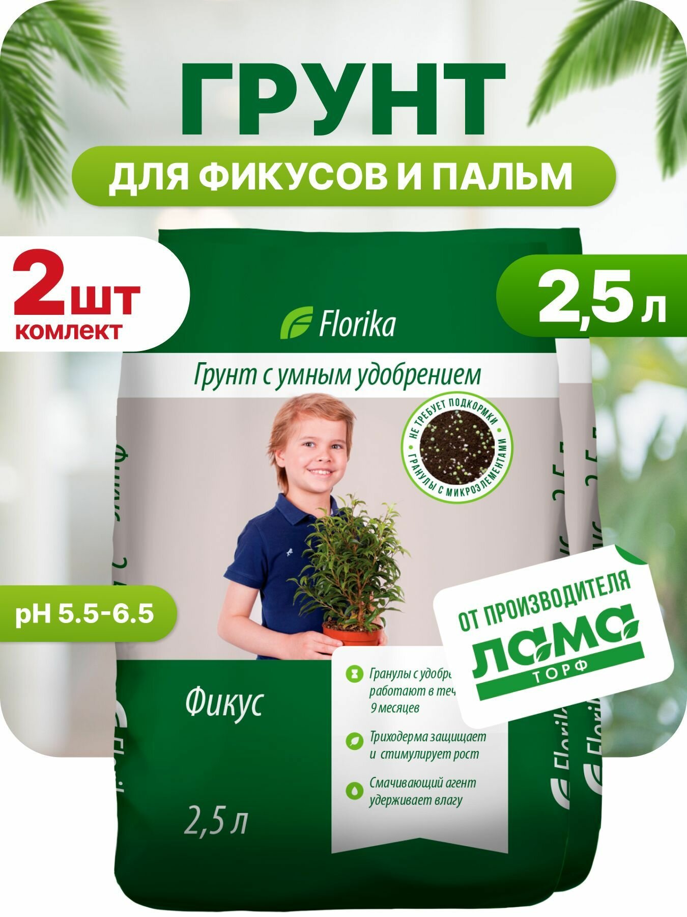 Florika/ Грунт "Фикус-Пальма" 2,5л упаковка 2 шт