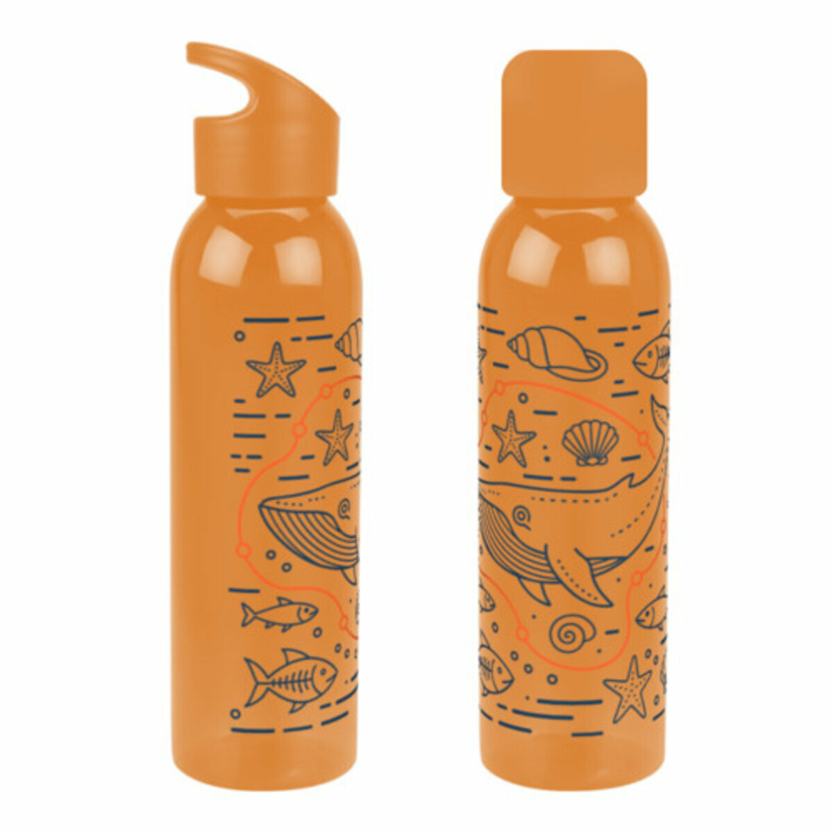 Бутылка для воды «Рыбы, кит, ракушки и океан. Абстракция для рыбака» (оранжевый)