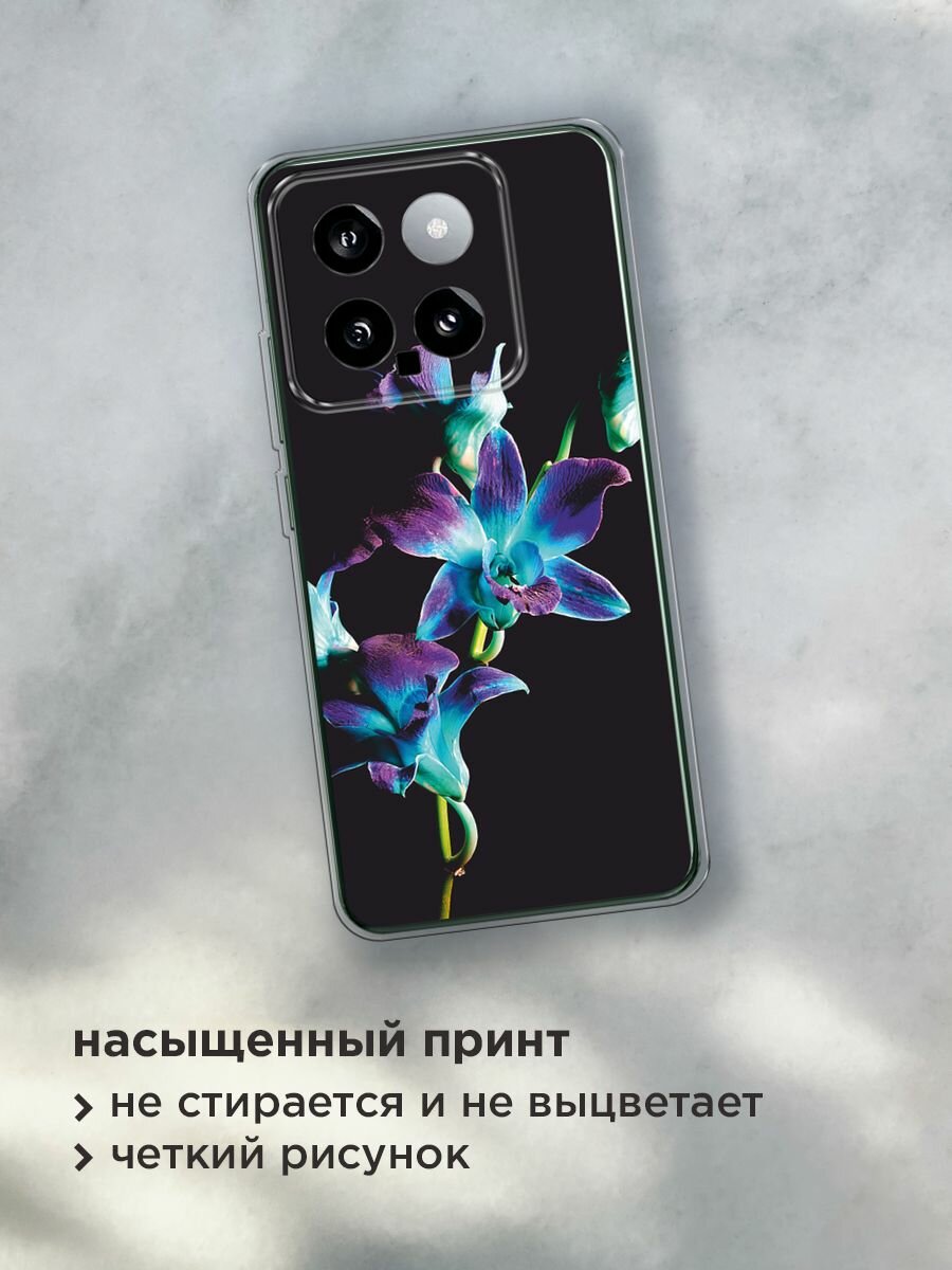 Чехол на Xiaomi 14 / Сяоми 14 с принтом "Синий цветок на черном" — фото 1